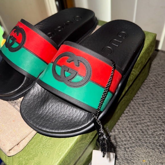 Gucci | Shoes | Gucci Black Red Green Slide Sandals | Poshmark